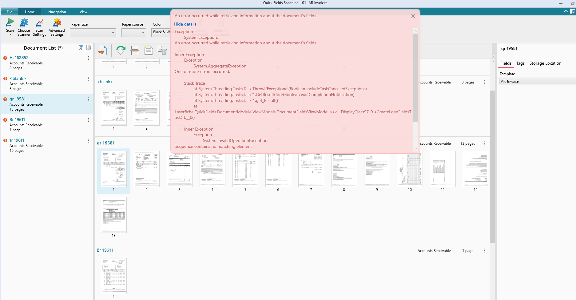 Error occured while retrieving information about document's fields ... Error occured while retrieving information about document's fields ...