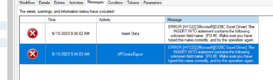 Cant Write To Excel File Column That Contains Error Hys22 Insert Into Statement